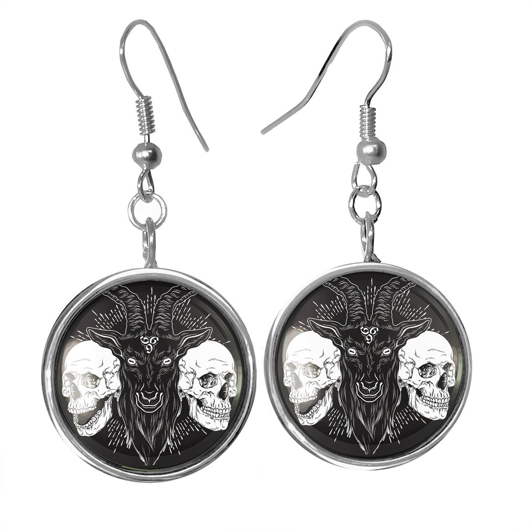Baphomet Earrings - 666 Goat and Skull Satanic Occult Silver Drop ...