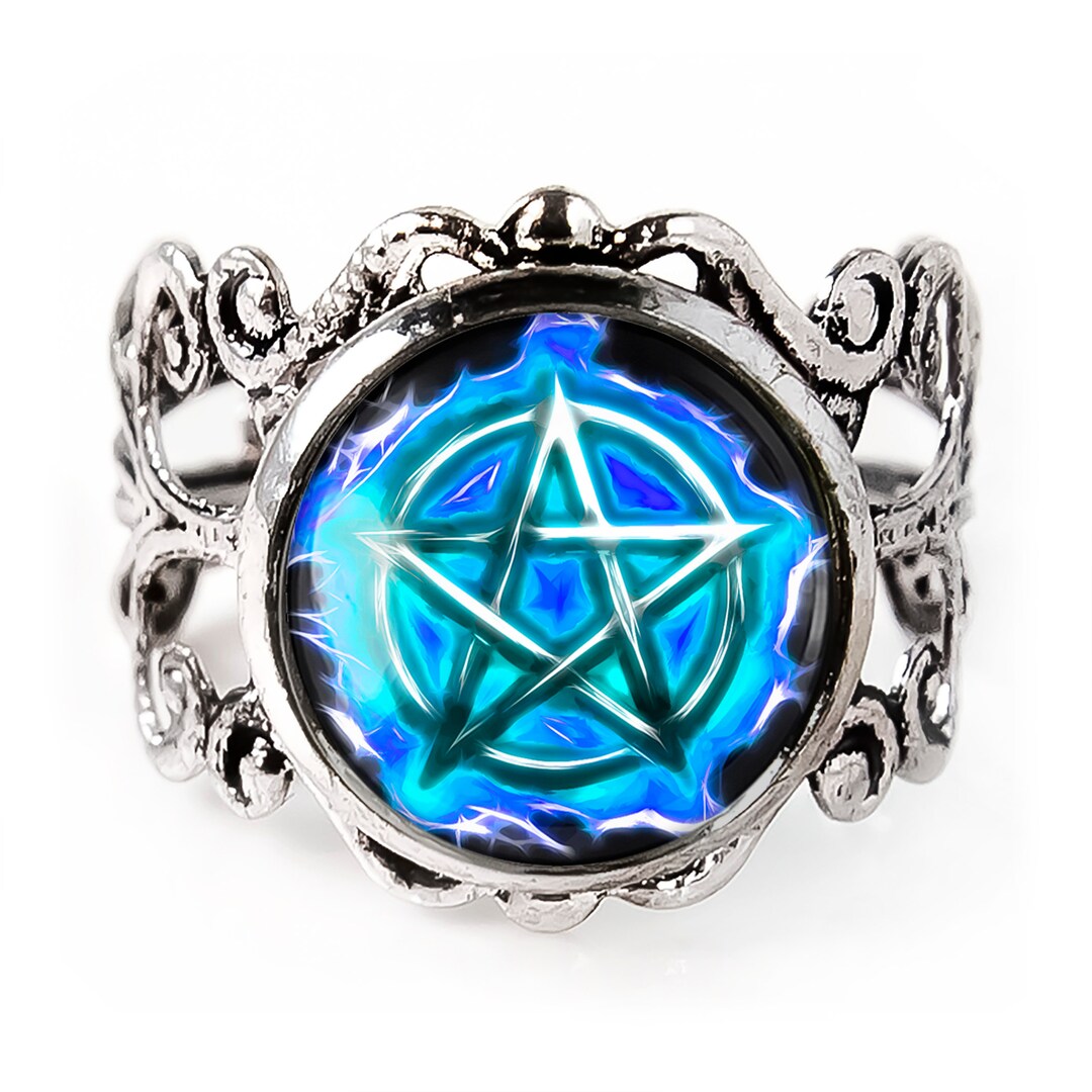 Flaming Pentagram Ring - Blue Pentacle Adjustable Filigree Ring - 329 ...