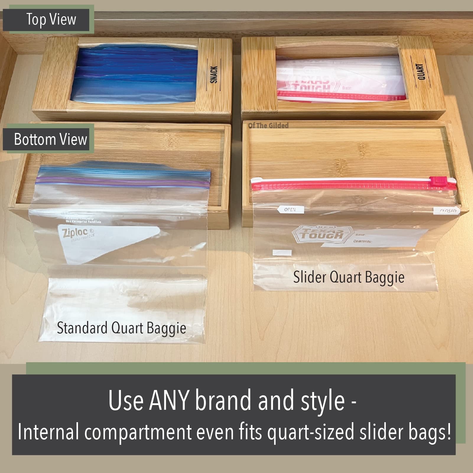 Sandwich Bag Storage Organizer - Premium Bamboo Wooden Box Baggie ...