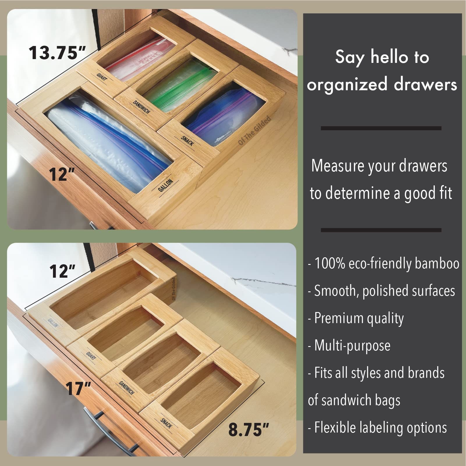 Sandwich Bag Storage Organizer - Premium Bamboo Wooden Box Baggie ...