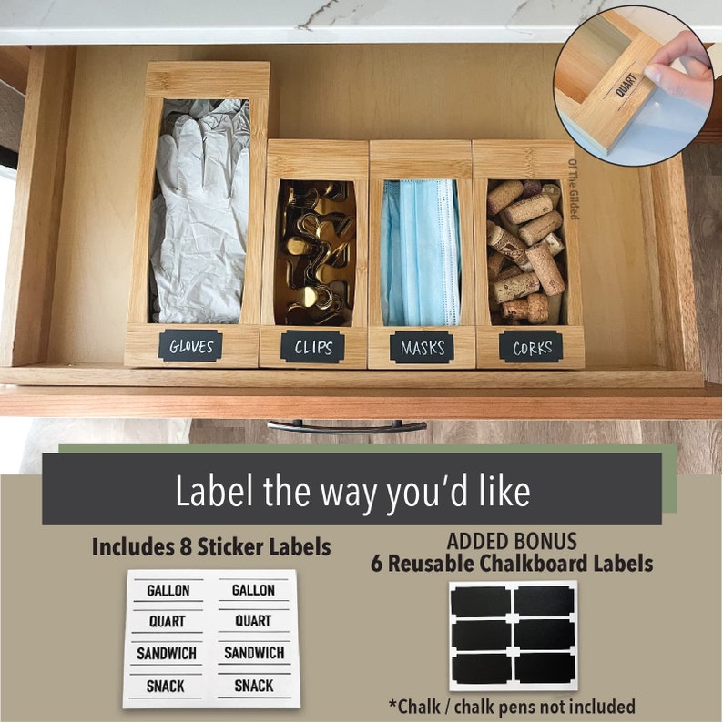 Sandwich Bag Storage Organizer - Premium Bamboo Wooden Box Baggie ...