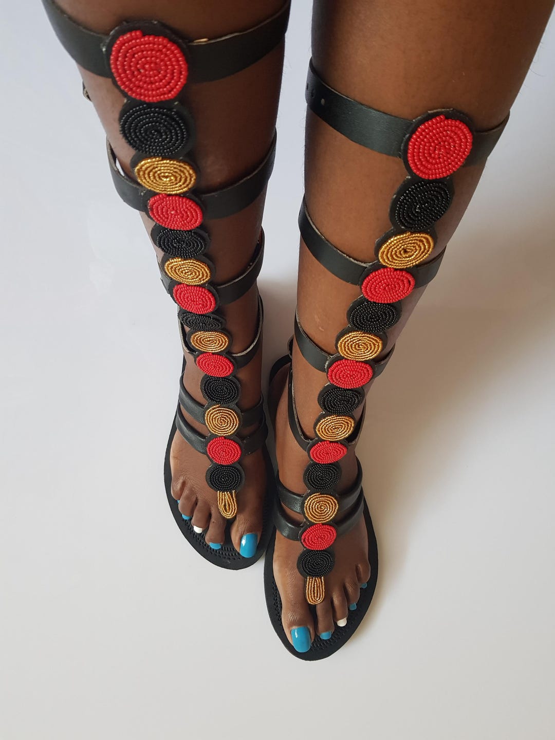 Long Gladiator Maasai Sandals , Black and Red Sandals , African Shoes ...