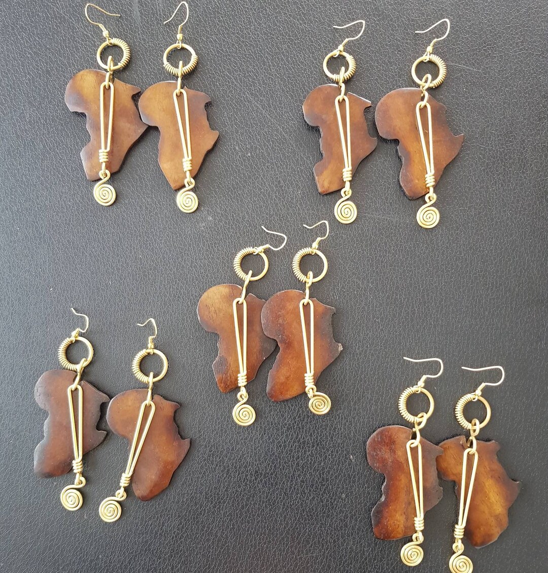 African Map Earrings, African Bone Earrings, Brown Earrings, 5 Pairs ...