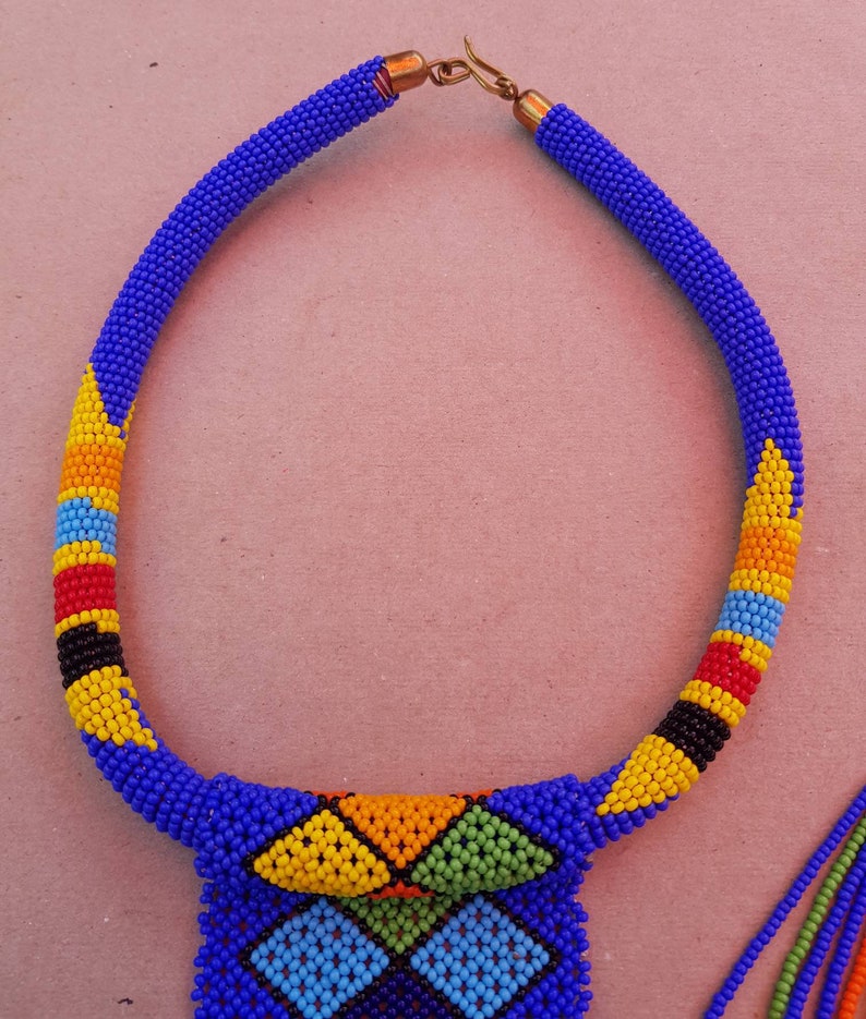 Blue Zulu Necklace African Beaded Necklaces Long Tassel Etsy