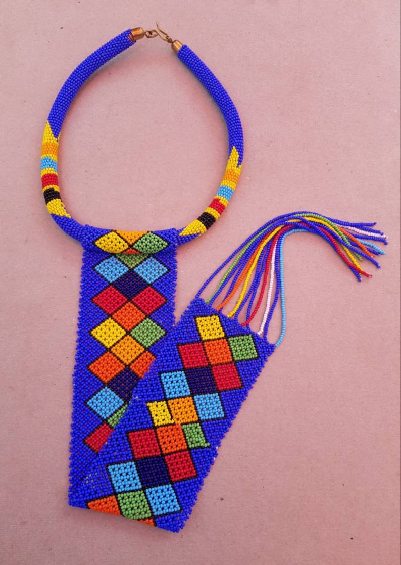 Blue Zulu Necklace African Beaded Necklaces Long Tassel Etsy