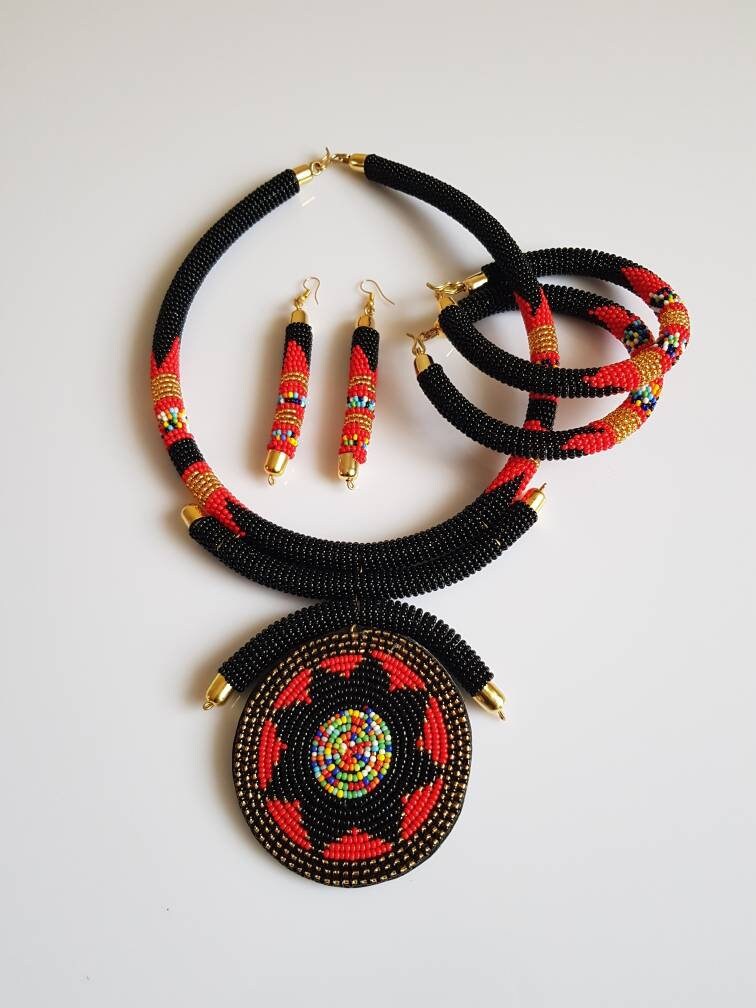 Black bead necklace with matching bracelets and earrings | Etsy