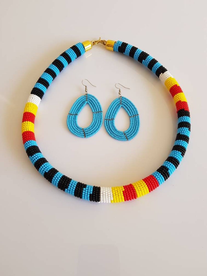 African maasai beaded necklace with matching earrings blue | Etsy