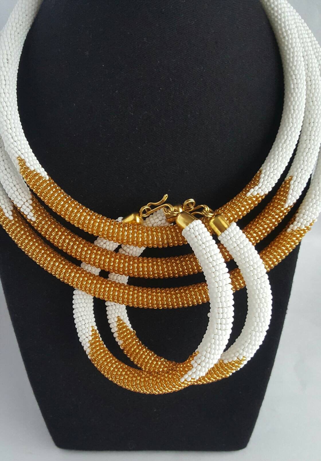 3 in 1 white and gold beaded necklaceAfrican beaded | Etsy