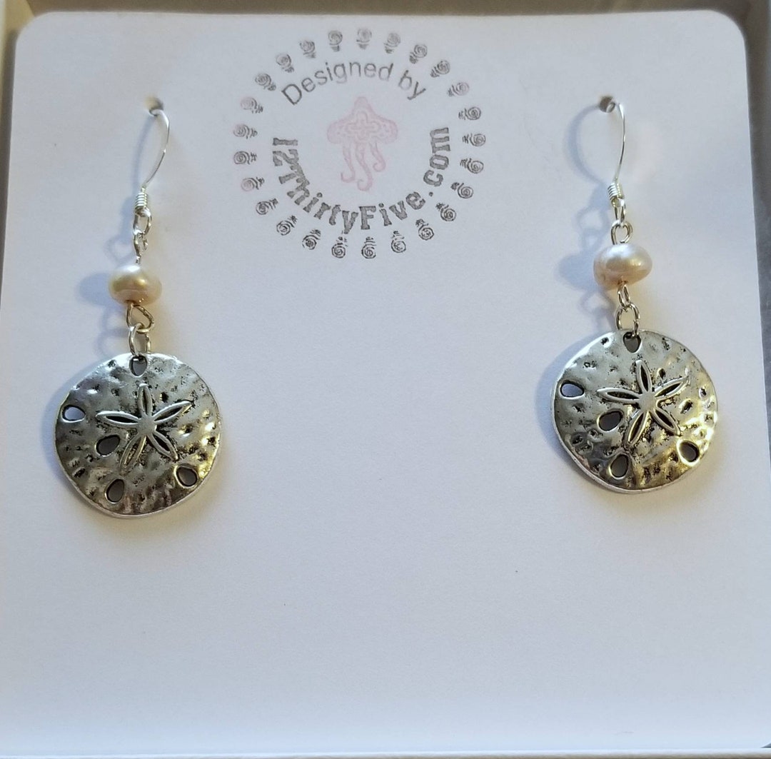 Pink Pearl Sand Dollar Earrings: Beachy Pewter Dangle Earrings - Etsy