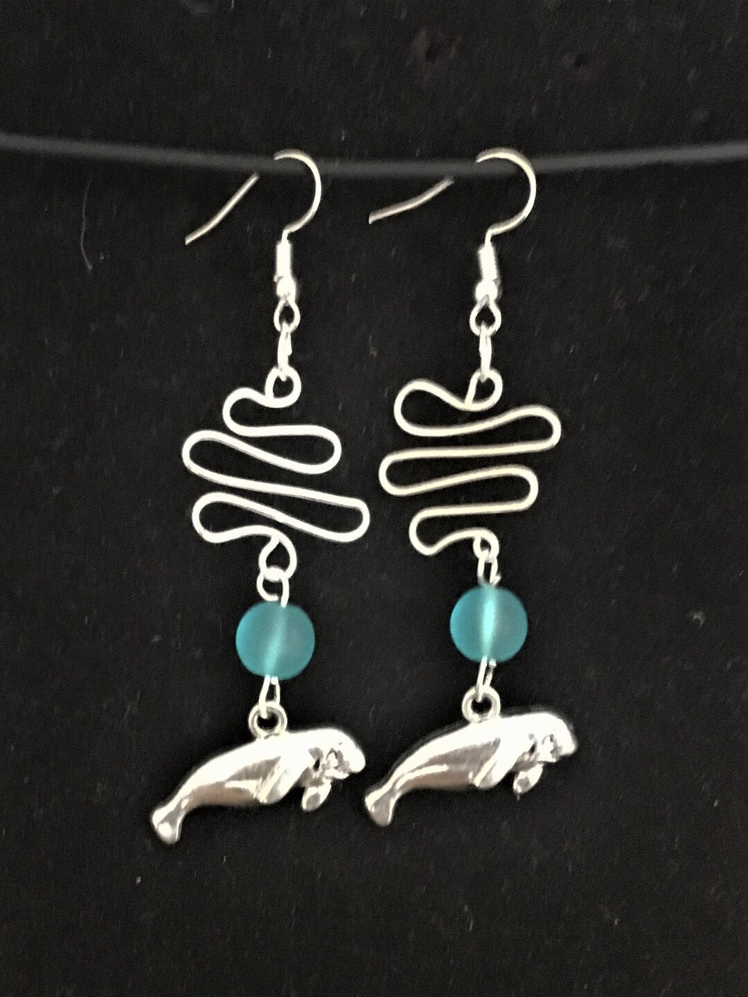 Silver Manatee & Sea Glass Squiggle Drop Earrings, Manatee Jewelry ...