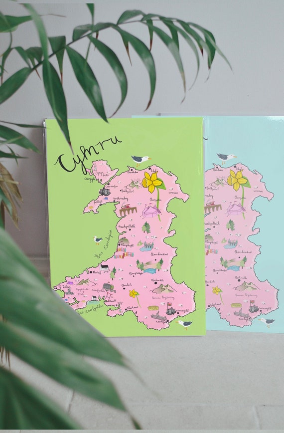 Map O Gymru Welsh Map of Wales Illustration A3 | Etsy UK