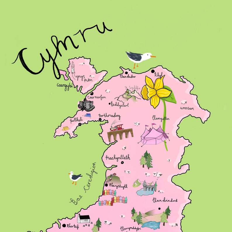 Map O Gymru Welsh Map of Wales Illustration A3 | Etsy UK