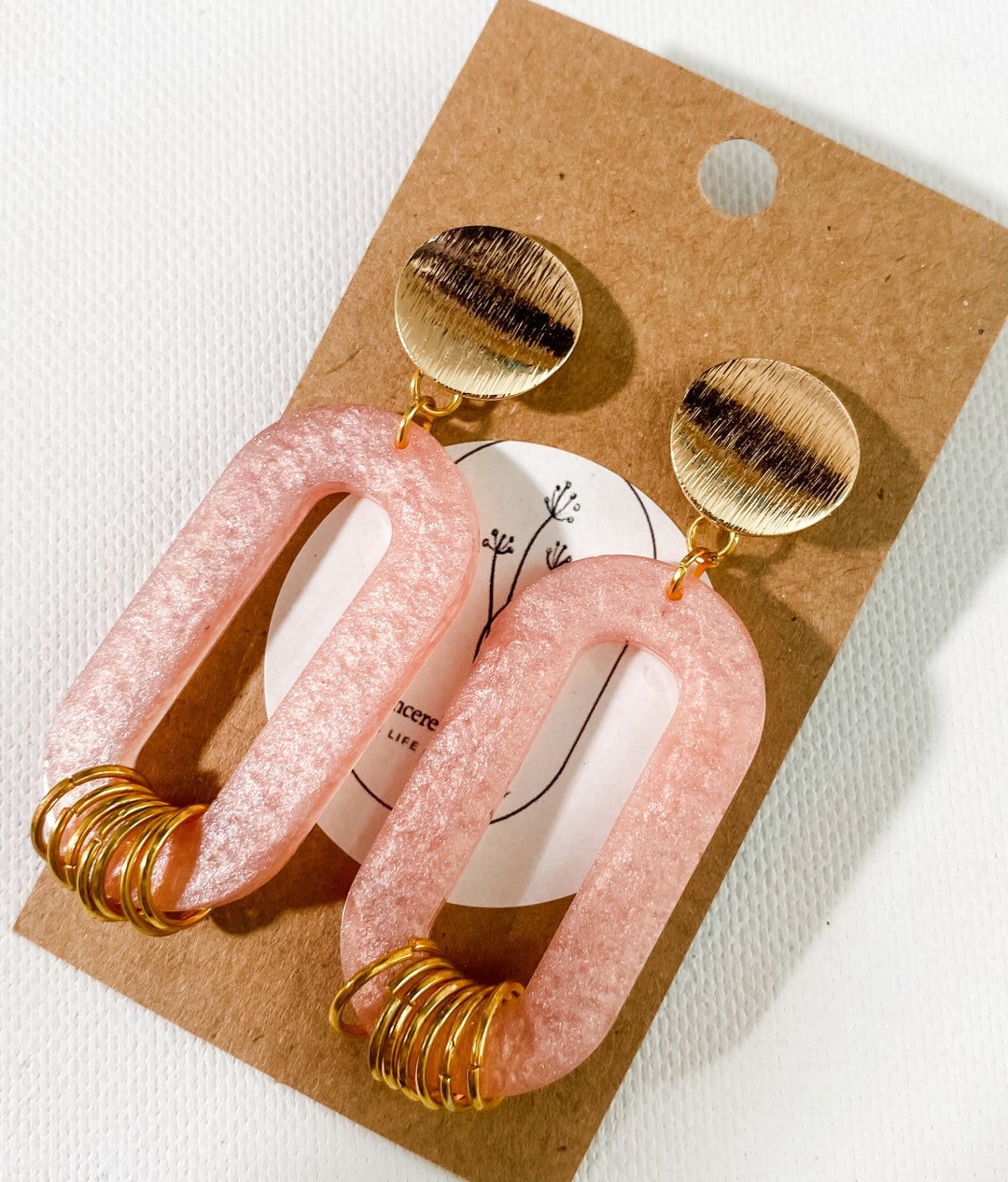 Pink and Gold Epoxy Resin Statement Earrings Gold Details Delicate ...
