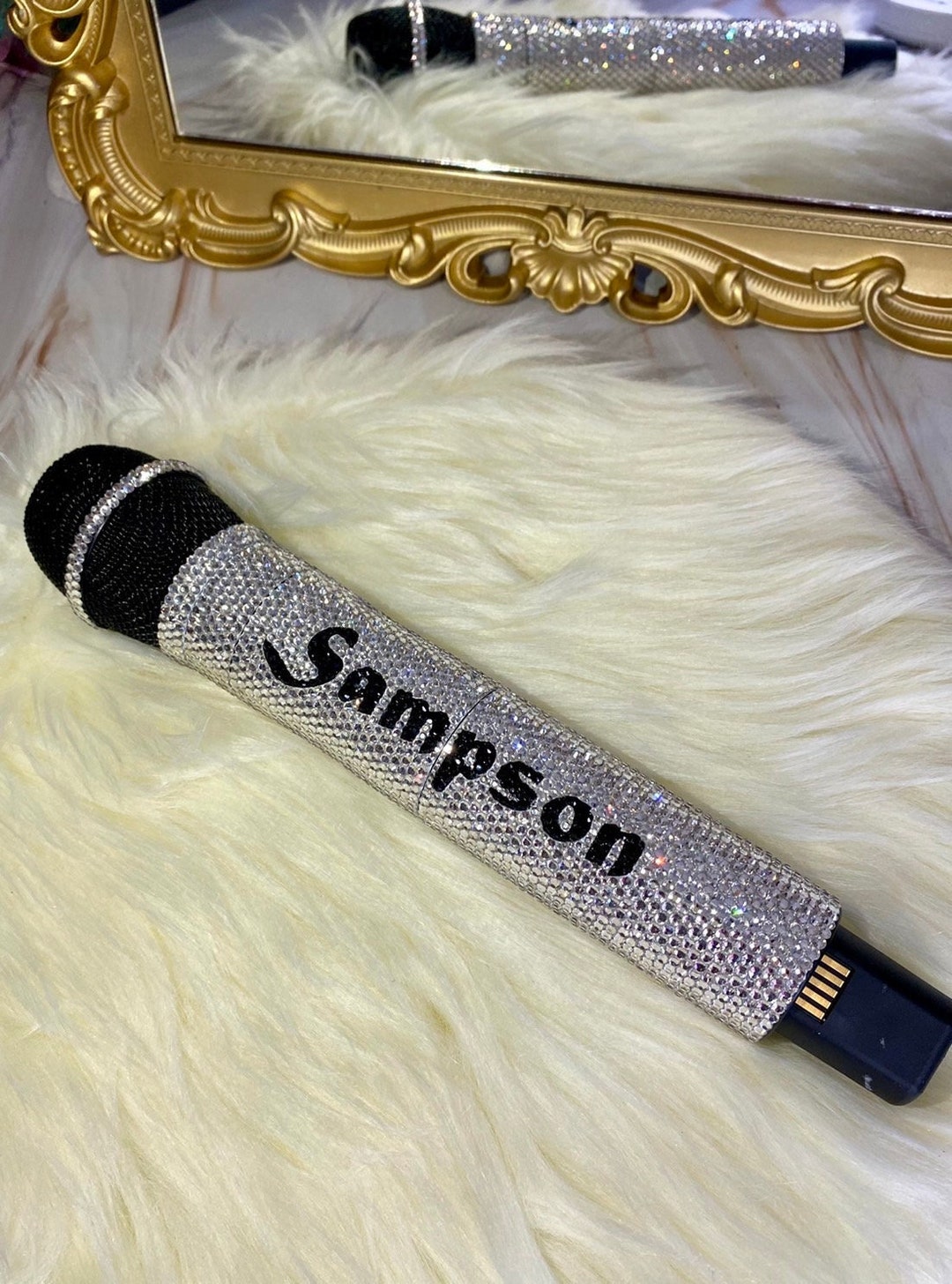 Straight Line Silver Wireless Microphone With Name, Genuine Swarovski ...