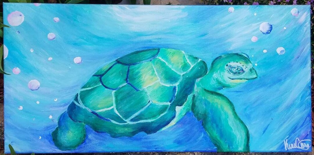 Hand painted Sea turtle with bubbles on 10"x20" Acrylic Painting - Etsy.de