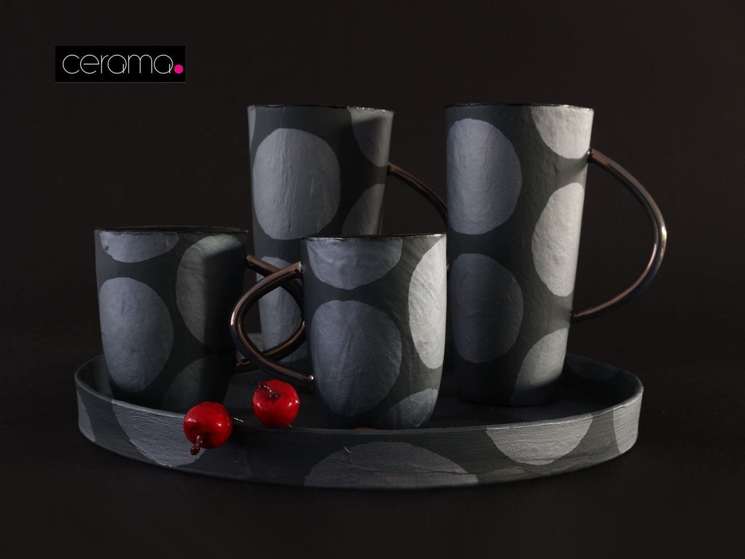 Set of Black Porcelain Mugs With Tray - Black Pearl Collection ...