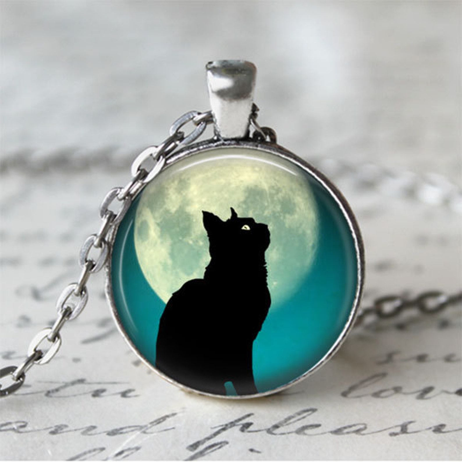Full Moon Cat Necklace Teal Moon Necklace Full Moon - Etsy
