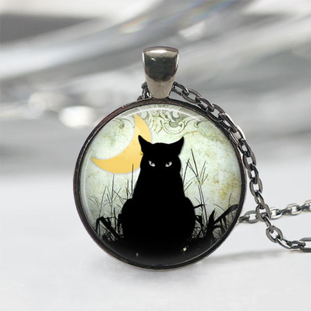 Black Cat Necklace • Crescent Moon • Cat Jewelry • Halloween Jewelry ...