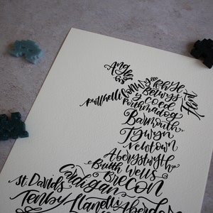 Lettering Map of Wales, Welsh Map, Calligraphy Map Art Print, Welsh ...