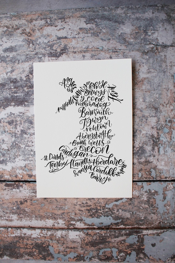 Lettering Map of Wales Welsh Map Calligraphy Map Art Print | Etsy