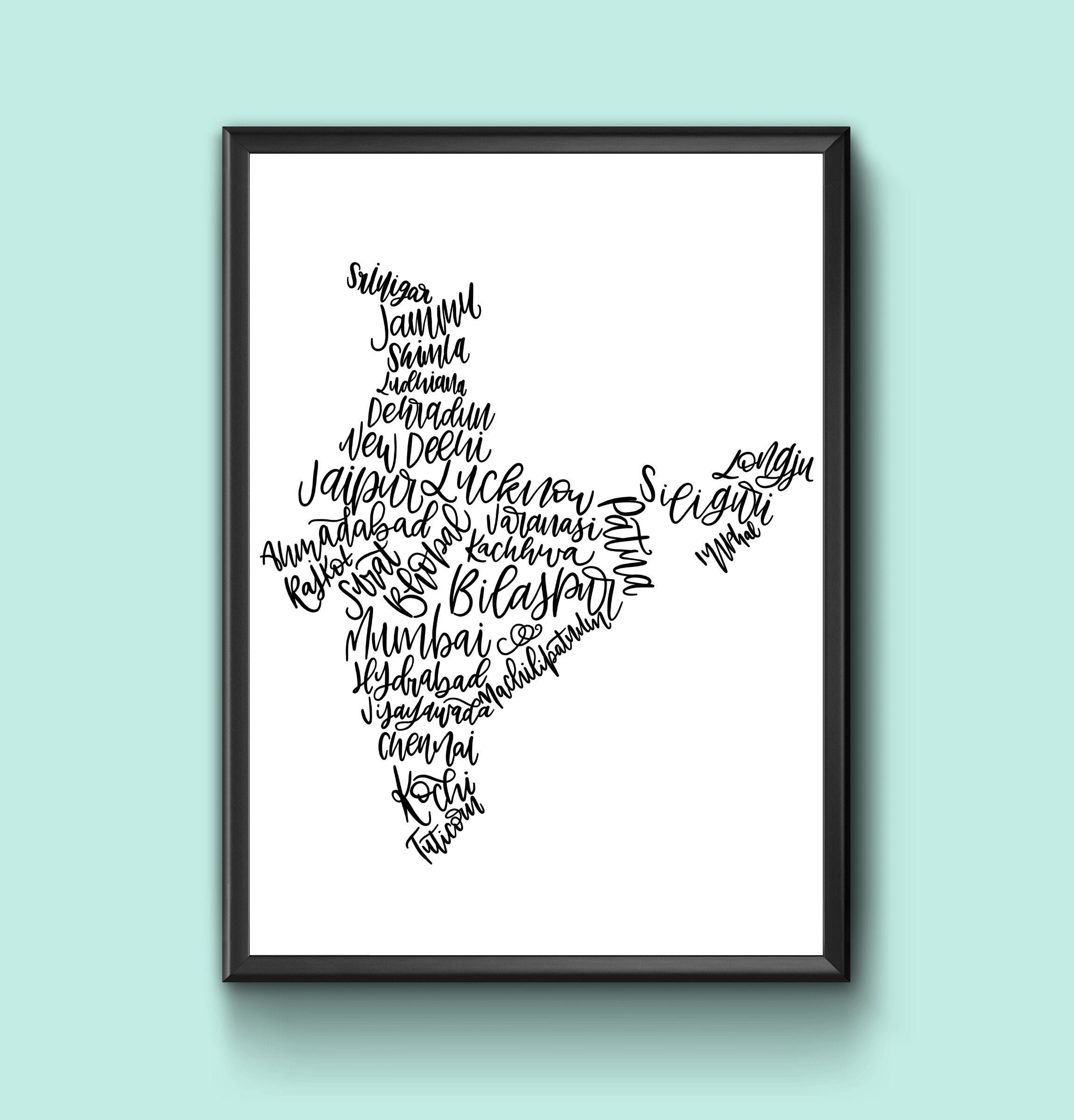India Calligraphy Map Hand Drawn Map Unique Lettering Gift | Etsy