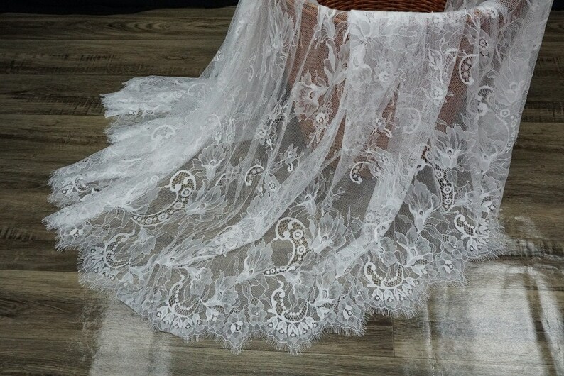 Subtle quality cahntilly lace fabric piece double edging | Etsy