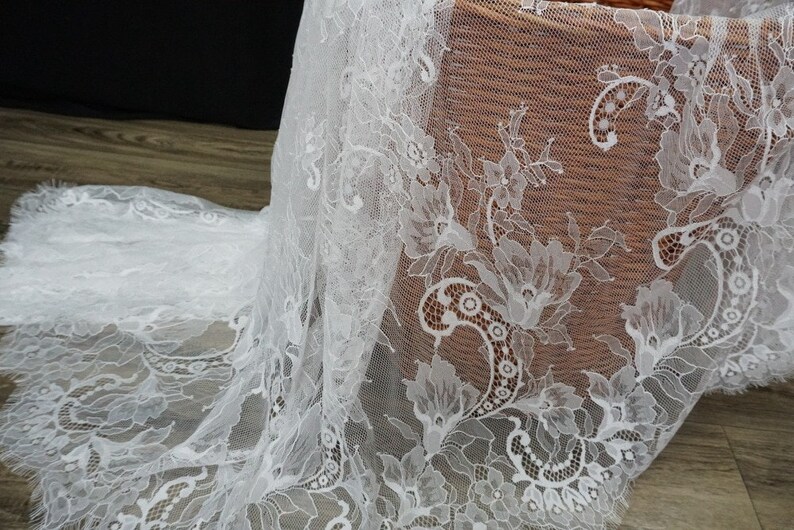 Subtle quality cahntilly lace fabric piece double edging | Etsy