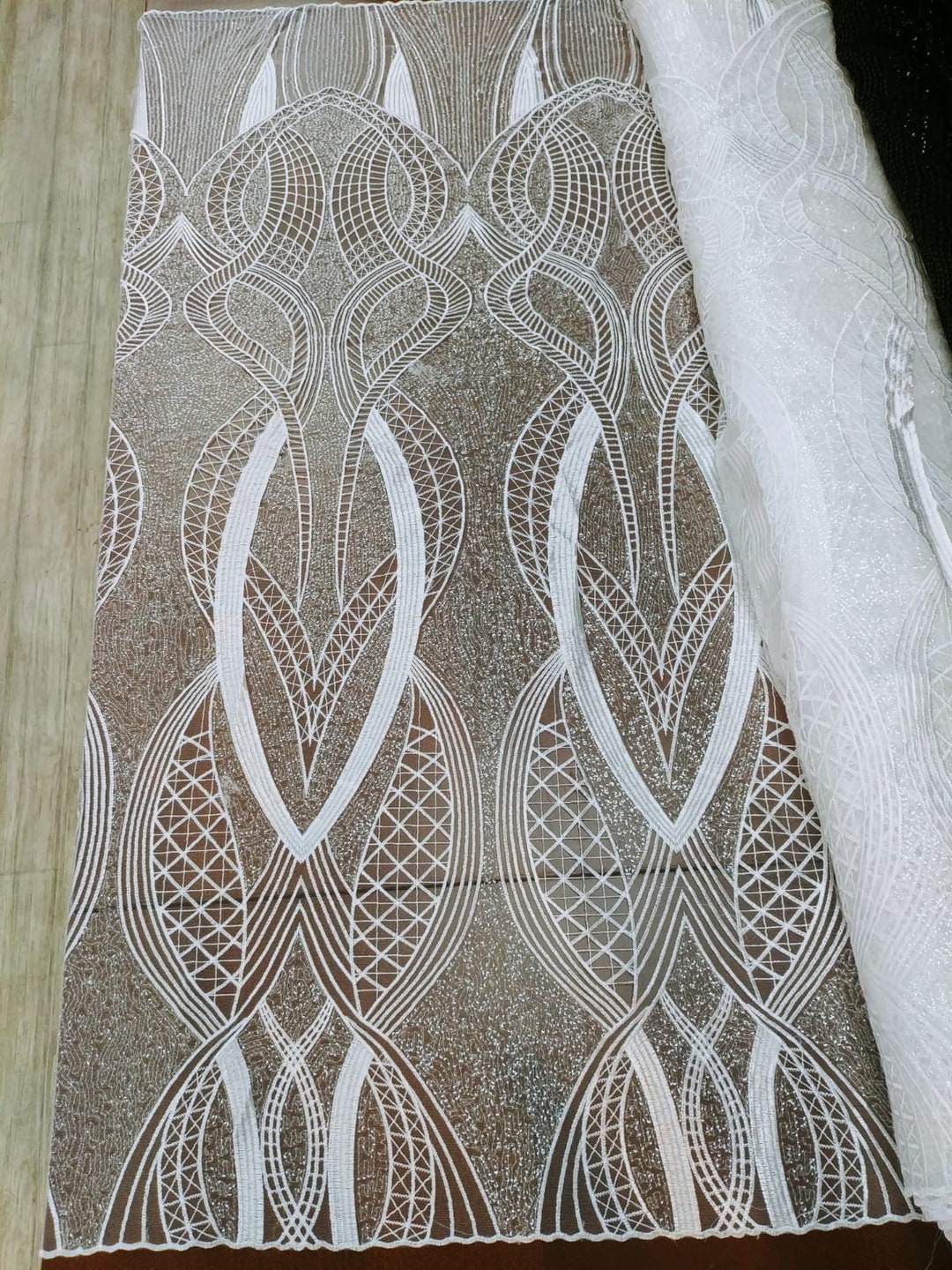 2021 New Design White Polyester With Clear Sequins on Mesh Embroidered ...