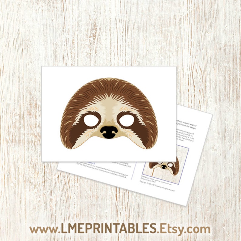 Sloth Mask Printable Costume Animal Masks Party Booth Prop | Etsy