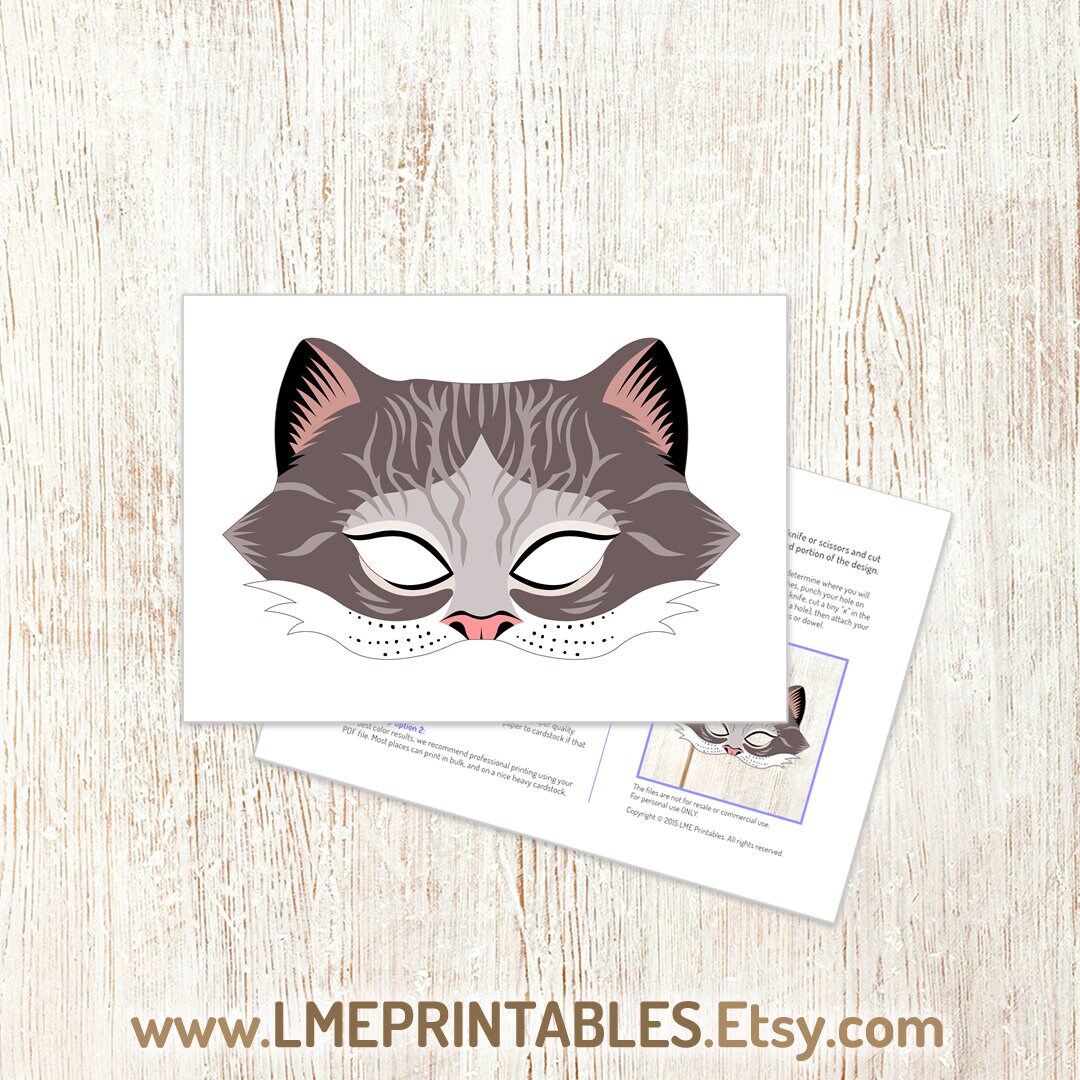Tabby Cat Mask Grey Printable Halloween Costume Cheshire Gray Animal ...