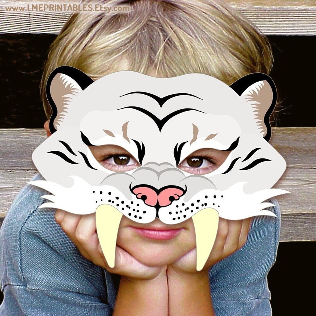 White Saber Tooth Tiger Mask Printable Costume Smilodon Prehistoric ...