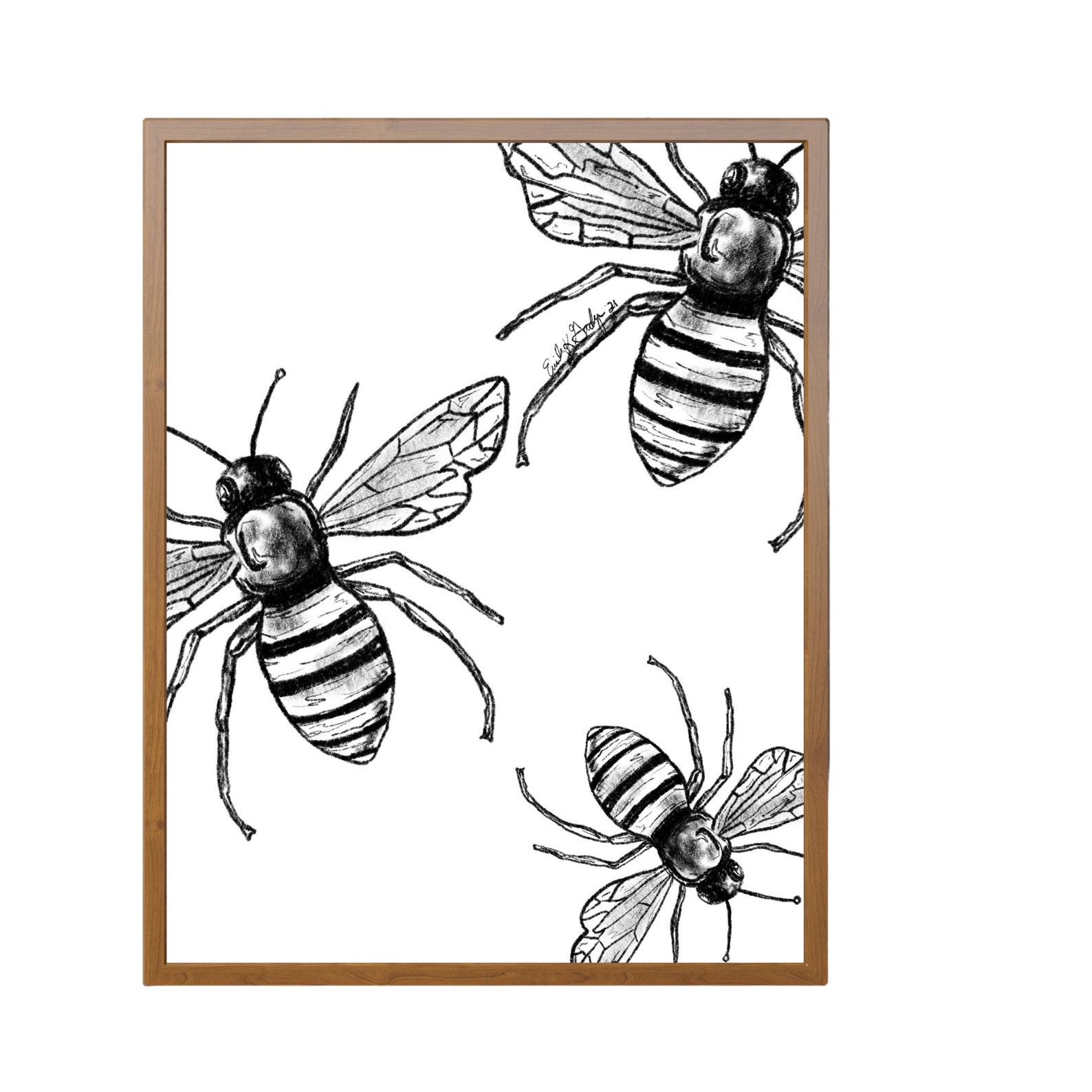 Multiple Honey Bee Drawing Art Print, Home Decor, Farmhouse Spring ...