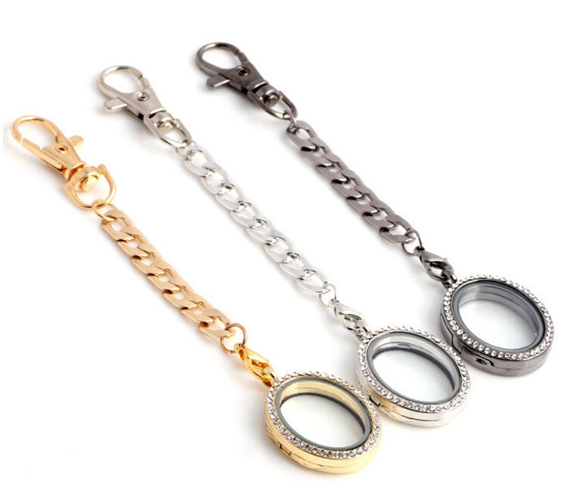 OVAL Keychain Floating Locket glass Locket With Rhinestones - Etsy