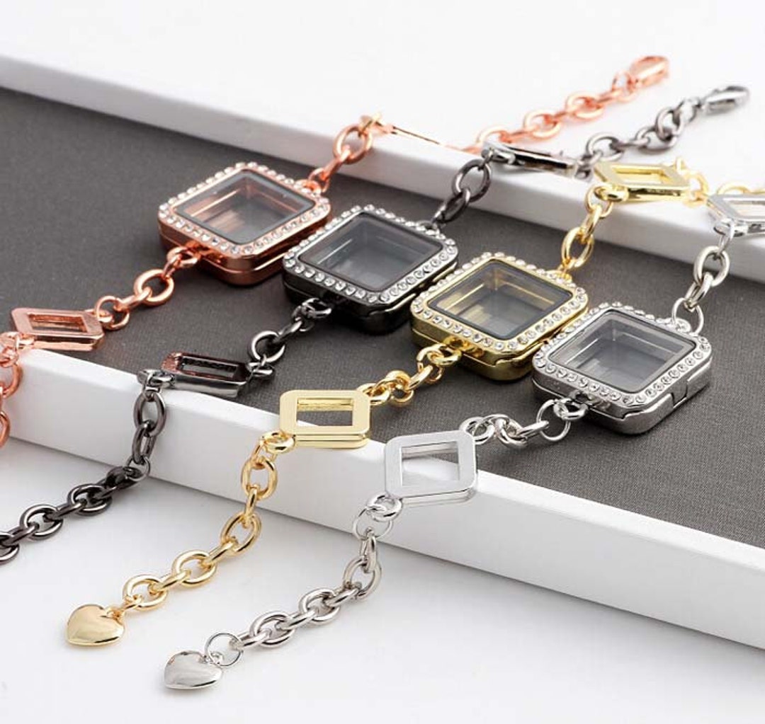 24MM SQUARE Floating Locket Bracelet With Rhinestones ,living Locket ...