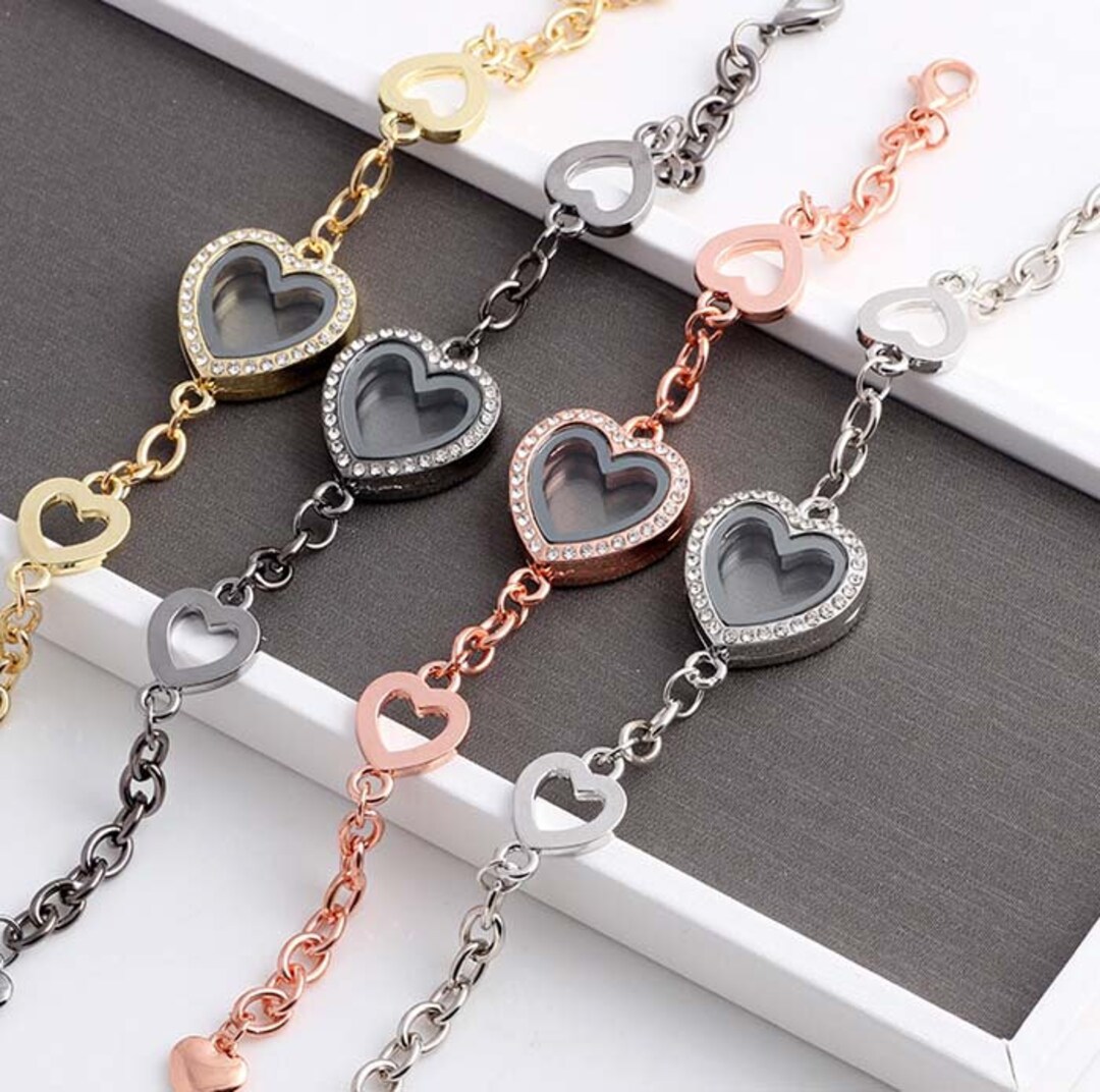24MM Min HEART Floating Locket Bracelet With Rhinestones / Floating ...