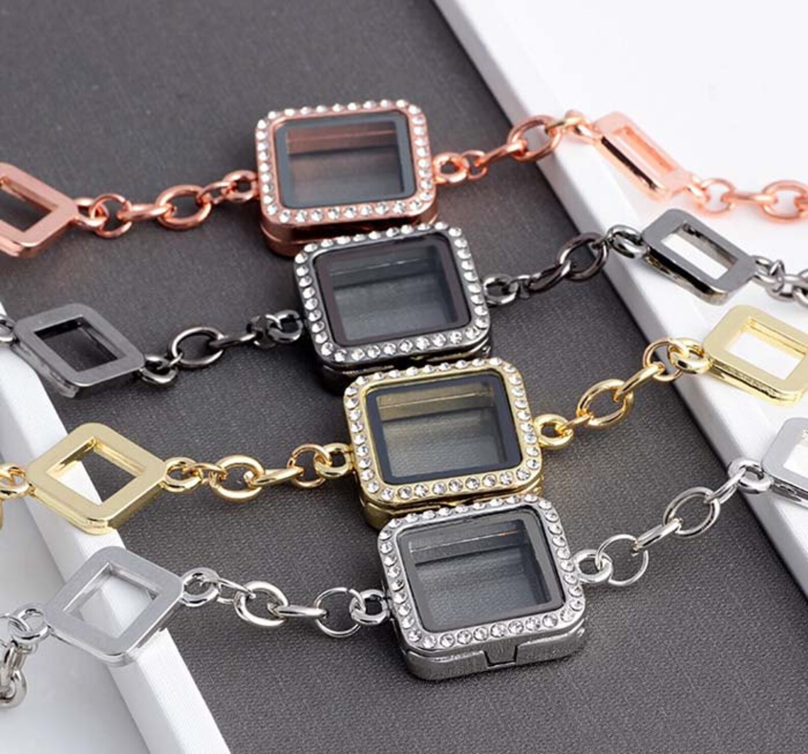 24MM SQUARE Floating Locket Bracelet With Rhinestones ,living Locket ...