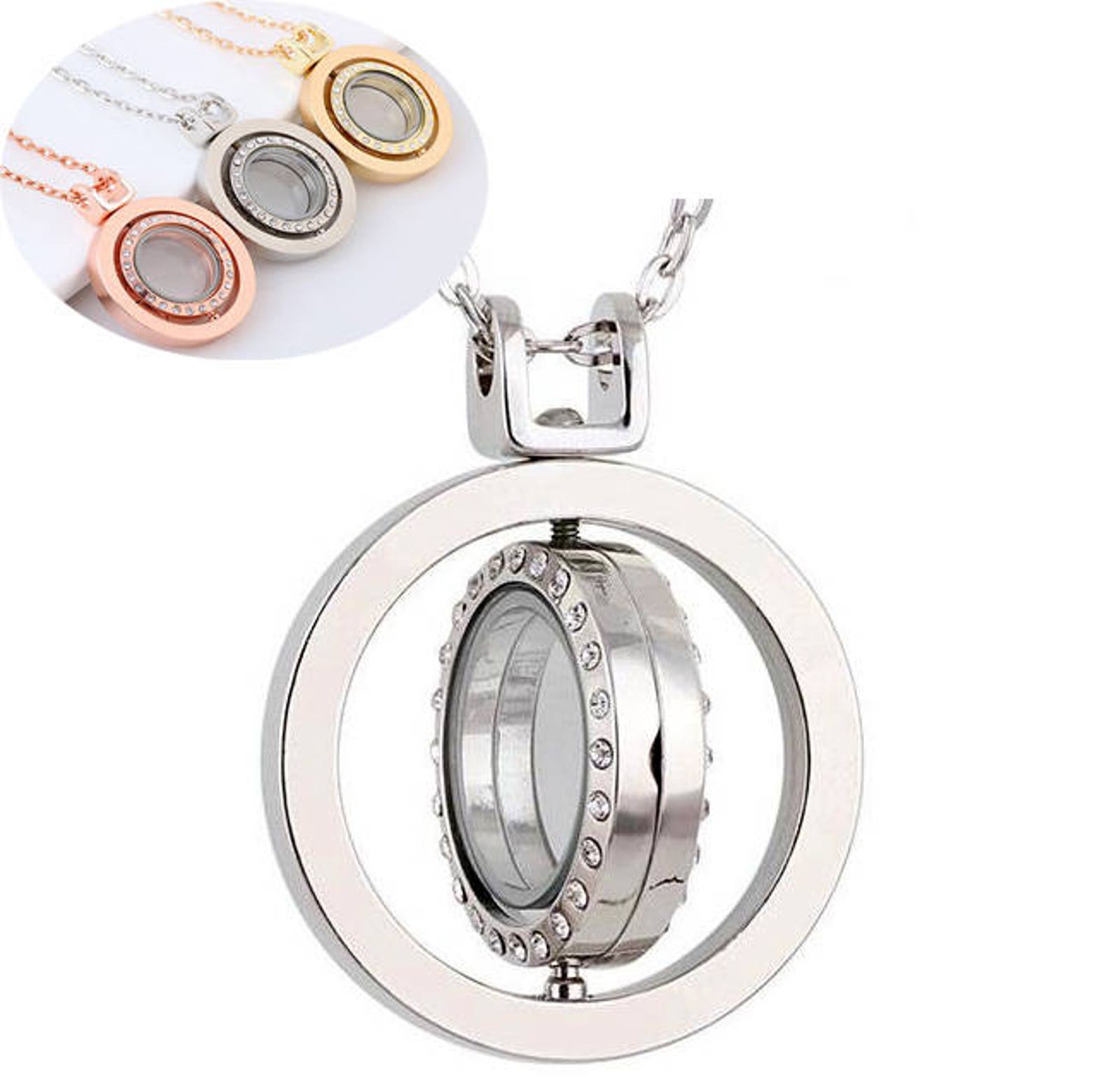 37mm Rotate Floating Locket Round Rhinestone Glass Living - Etsy