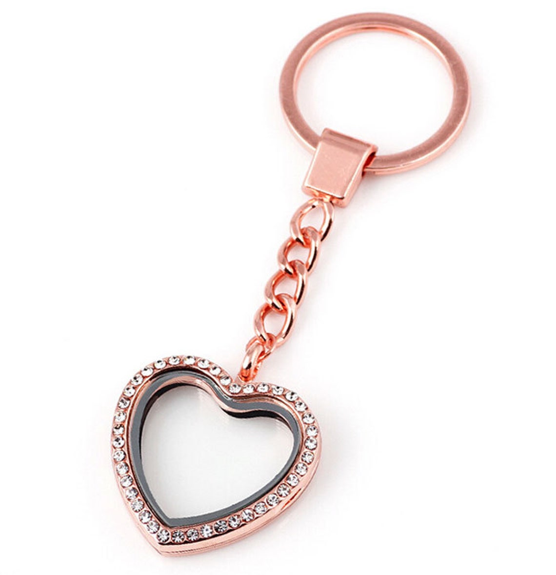 HEART Keychain Floating Locket glass Locket With Rhinestones - Etsy