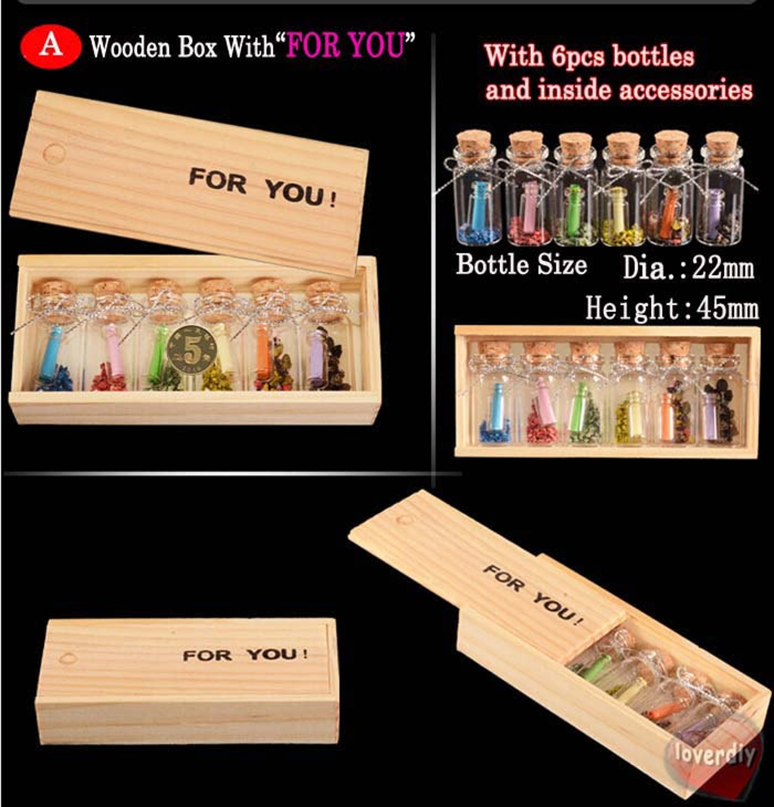 A Set(6pcs 22mmx45mm,9ml) DIY Wishing Bottls/vials With Wooden Box ...