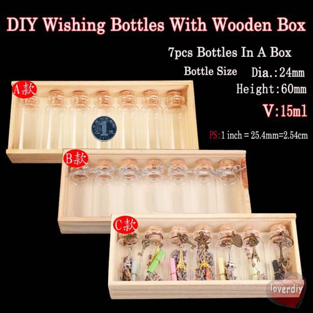 A Set(7pcs)diy Wishing Bottls With Wooden Box,glass Bottle With Cork ...
