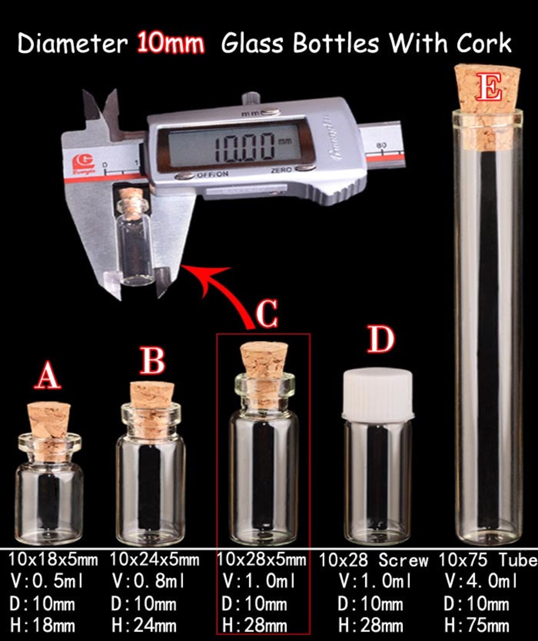 10PCS Diameter 10MM Mini Glass Bottles Tube,various Volume（0.5ml,0.8ml ...