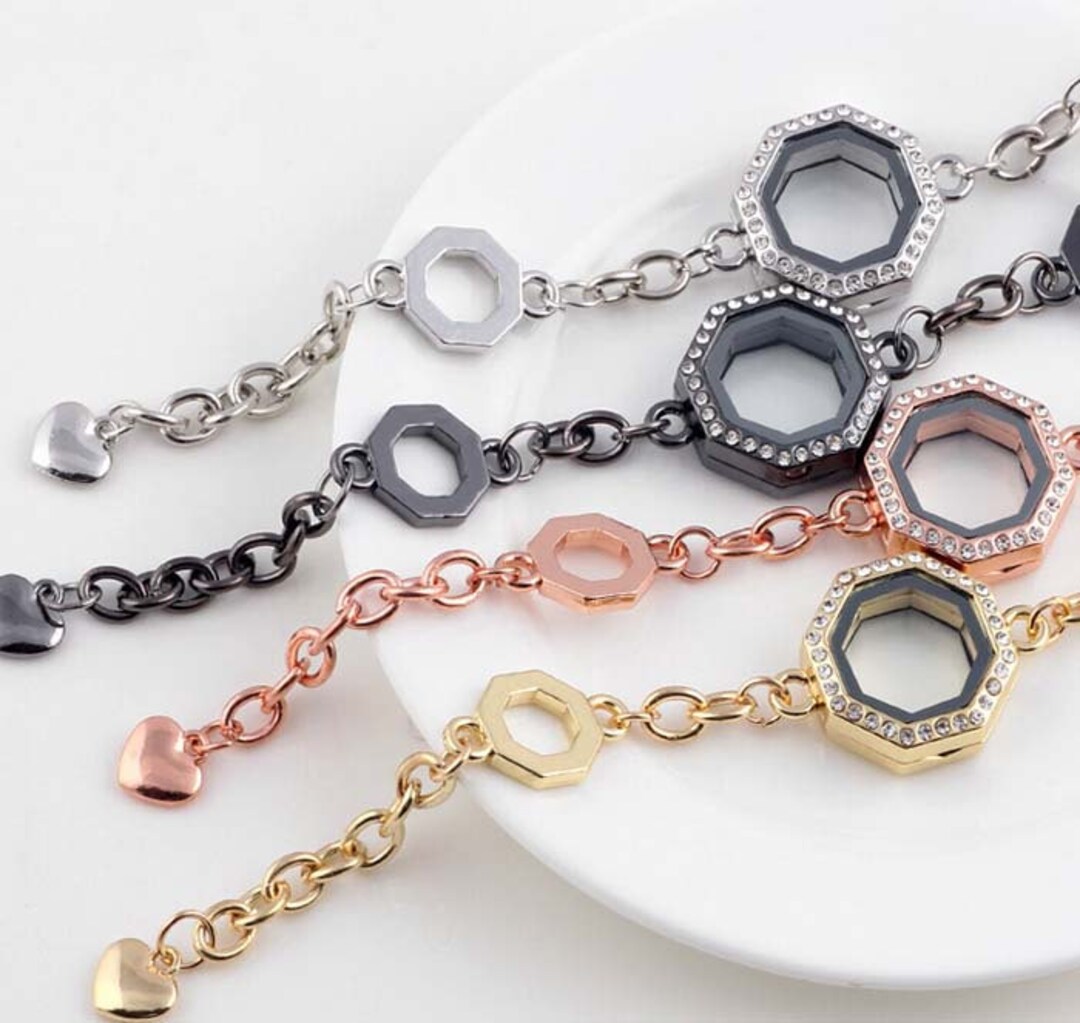 OCTAGON Floating Locket Bracelet With Rhinestones ,magnet Locket ...
