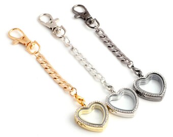 HEART Keychain Floating Locket glass Locket With Rhinestones | Etsy