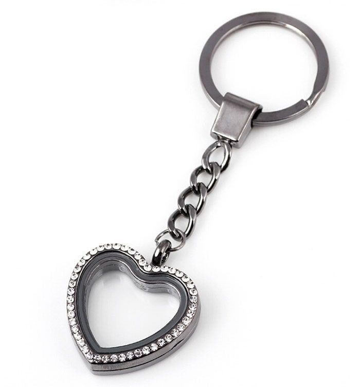 HEART Keychain Floating Locket glass Locket With Rhinestones - Etsy