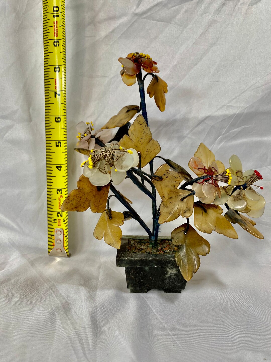 Chinese Vintage Jade Stone Carved Bonsai Tree With Jade and Rose Quartz ...