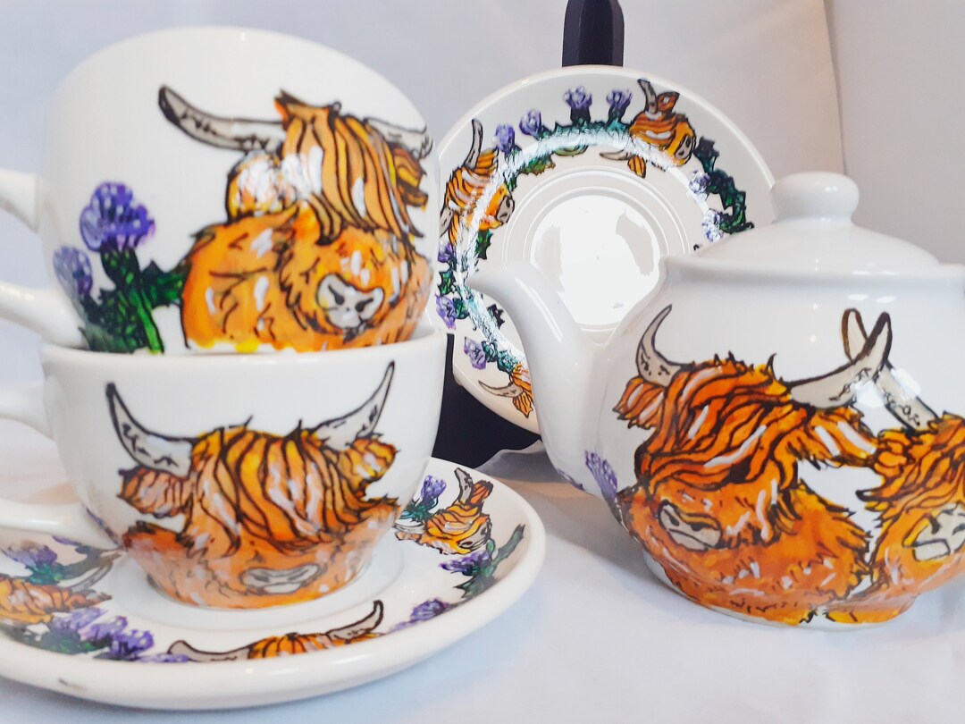 Hand Painted Highland Cow Tea Set, Hairy Coo Tea Set, Tea Lovers Gift ...