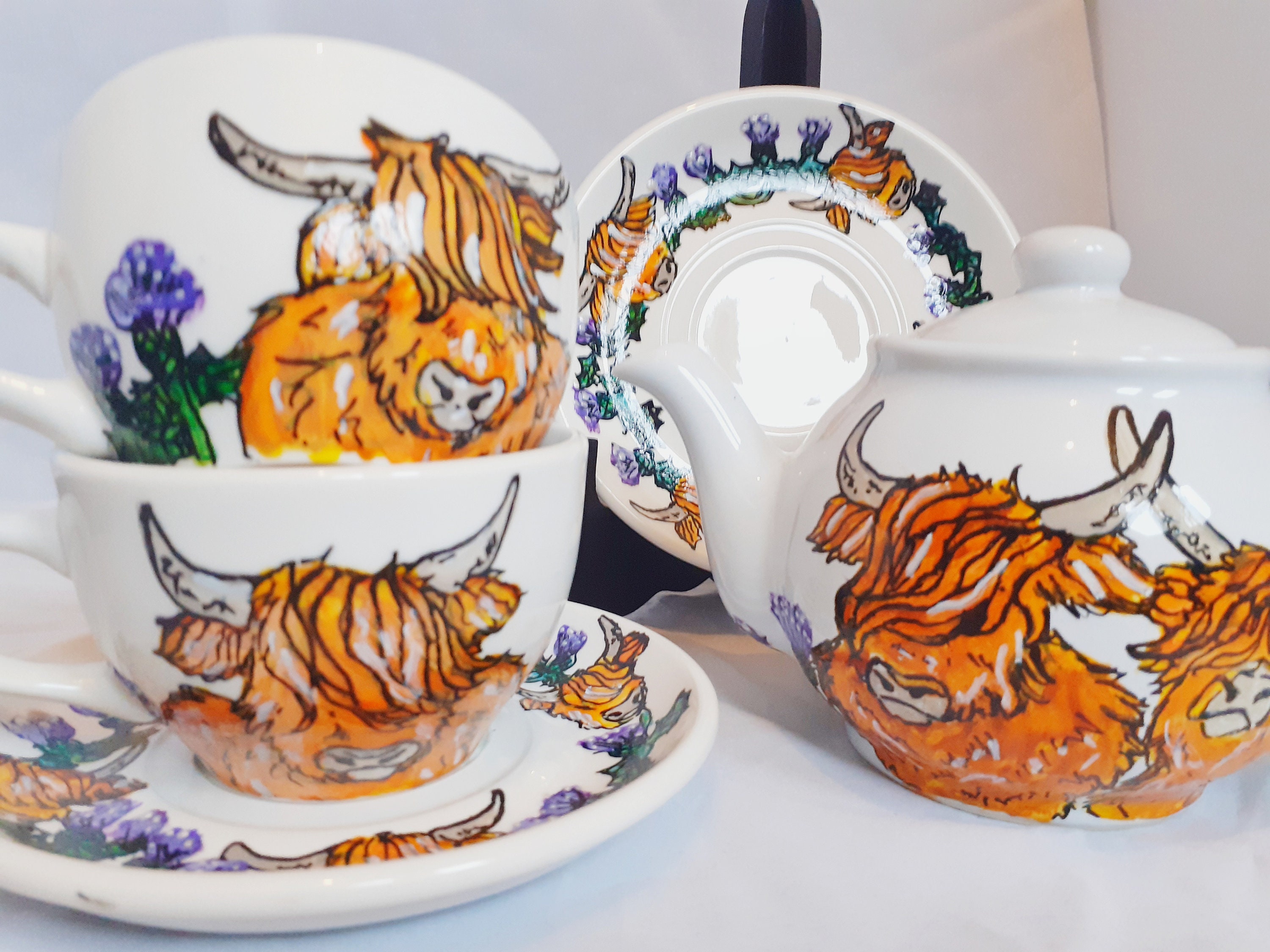 Hand Painted Highland Cow Tea Set, Hairy Coo Tea Set, Tea Lovers Gift ...