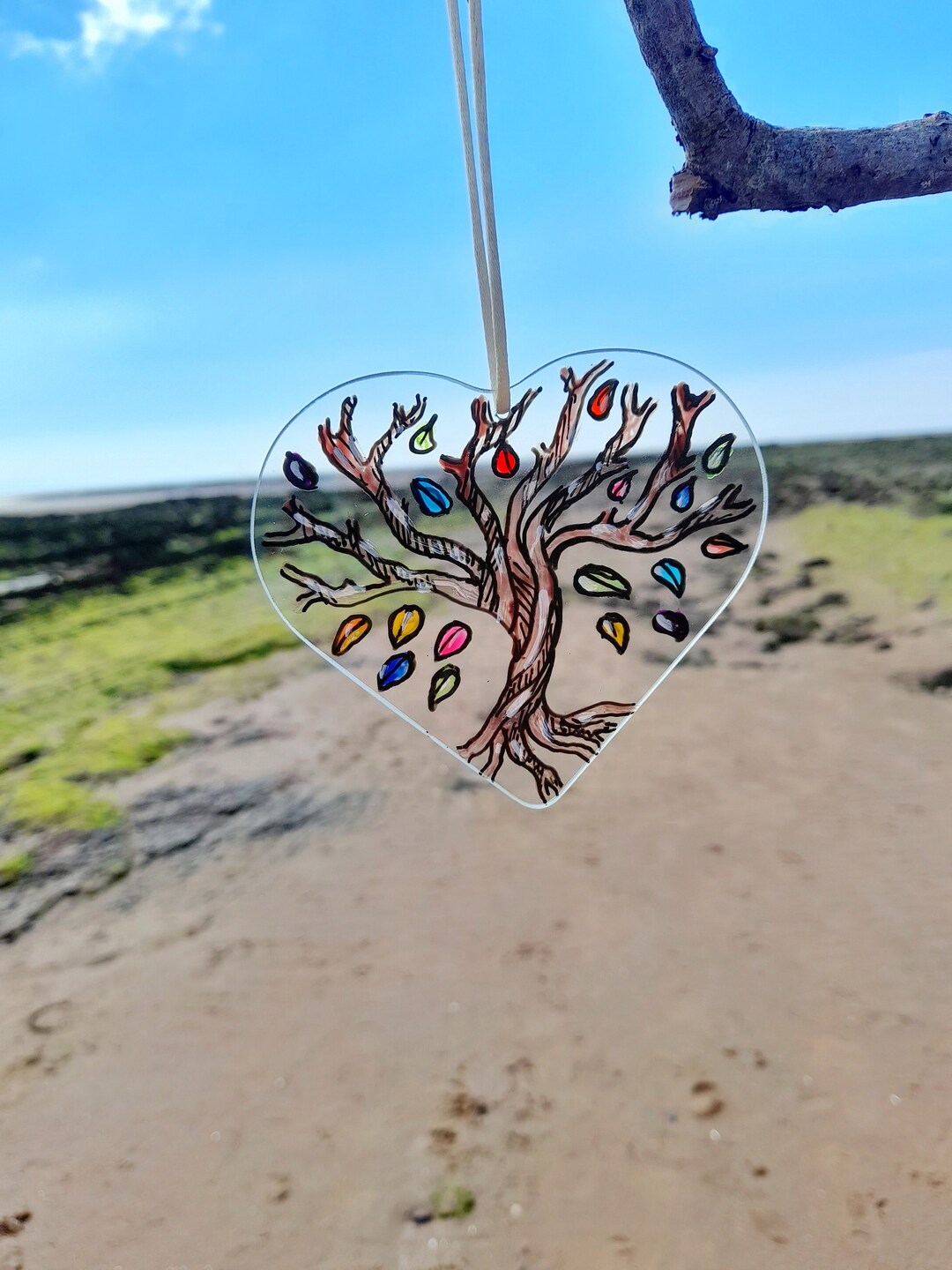 Tree of Life Hand Painted Glass Heart Sun Catcher, Glass Art, Window ...
