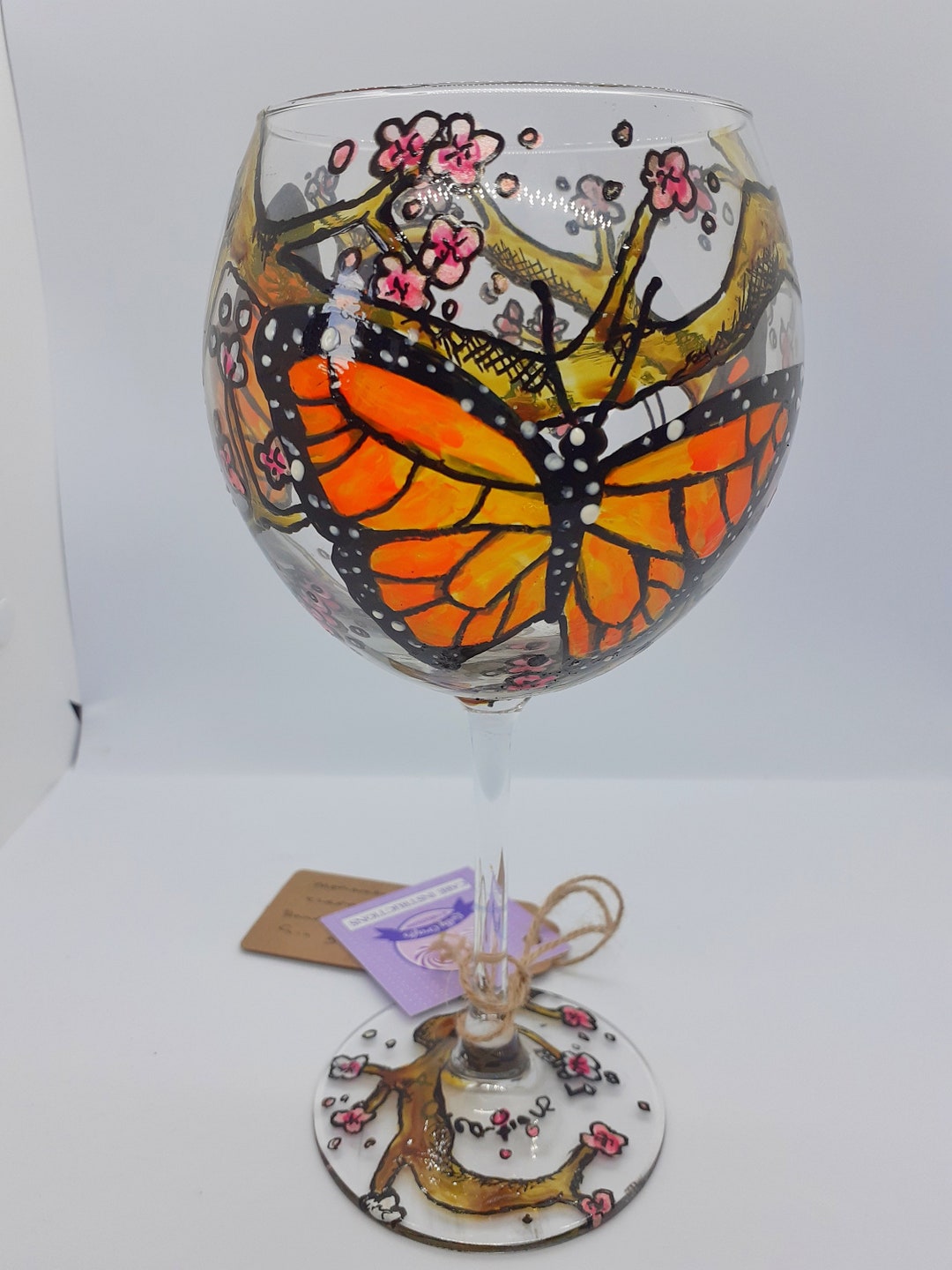 Hand Painted Monarch Butterfly and Cherry Blossom Gin Glass, Butterfly ...