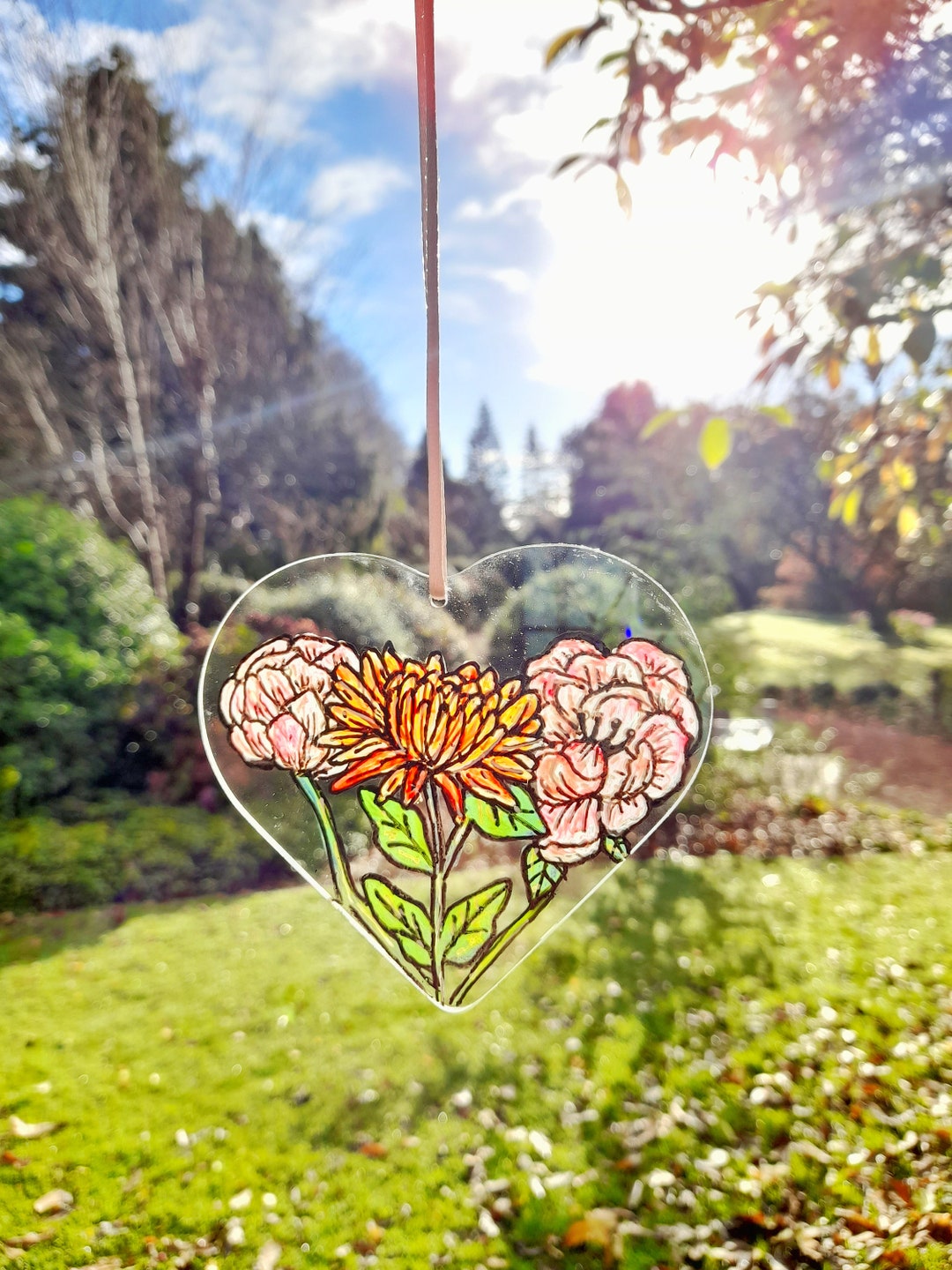 November Birth Flowers Sun Catcher, Hand Painted Suncatcher, Glass Art ...